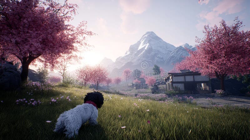 A Fluffy Pup Sits Under a Blossoming Cherry Tree Stock Image - Image of beautiful, vibrant ...