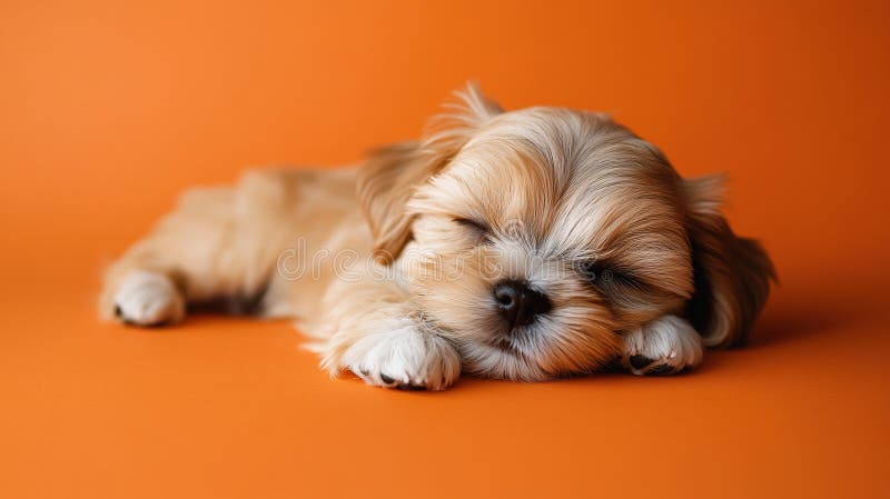 Fluffy Puppy Sleeping, Orange Background, Studio Shot, Pet Adoption ...