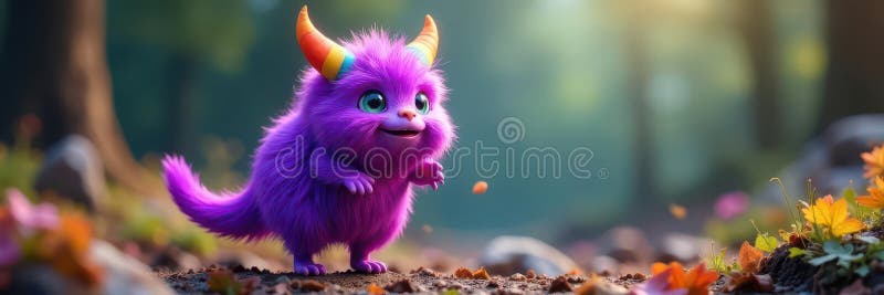 Fluffy Purple Monster with Rainbow Horns, Bouncing on a Spring ...