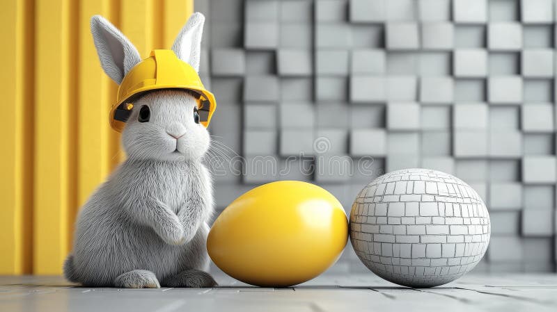 Cute Bunny Wearing a Construction Hat Next To Easter Colorful Eggs in a ...