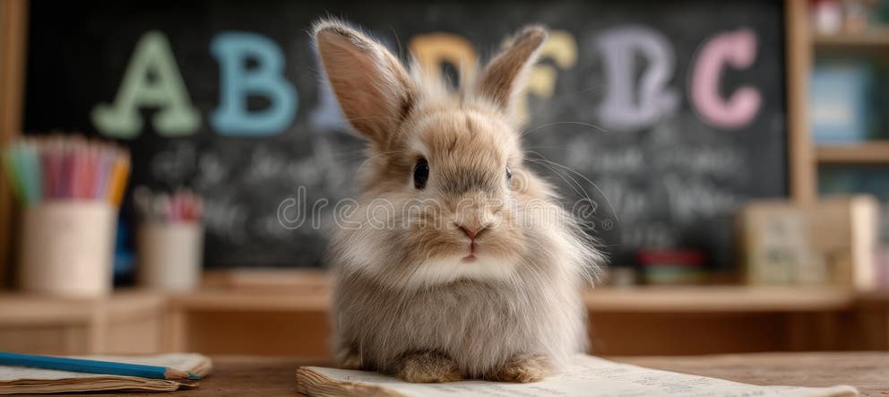 Fluffy Rabbit in Classroom with Chalkboard ABCs and Pastel Decor Stock ...