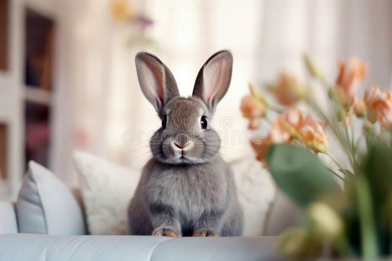 Fluffy Rabbit in a Cozy Room: Domestic Portrait Stock Illustration ...
