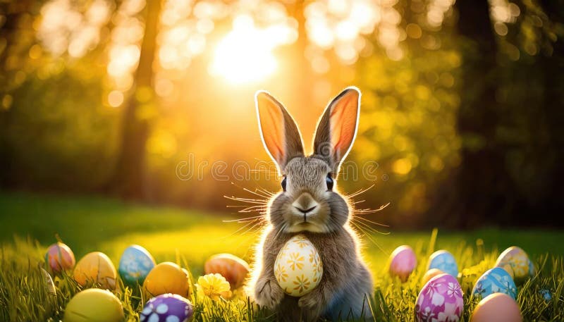 A Fluffy Rabbit Holding a Decorated Easter Egg in a Grassy Field at ...