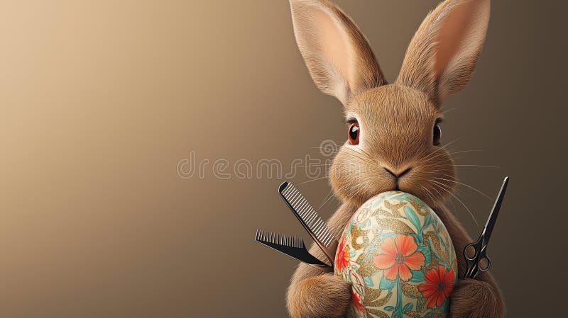 Cute Bunny Holds Decorative Easter Egg with Hairdressing Scissors and ...
