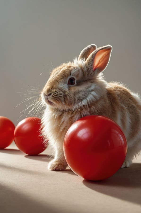 Adorable Fluffy Bunny with Red Balls, Easter Decoration Stock ...