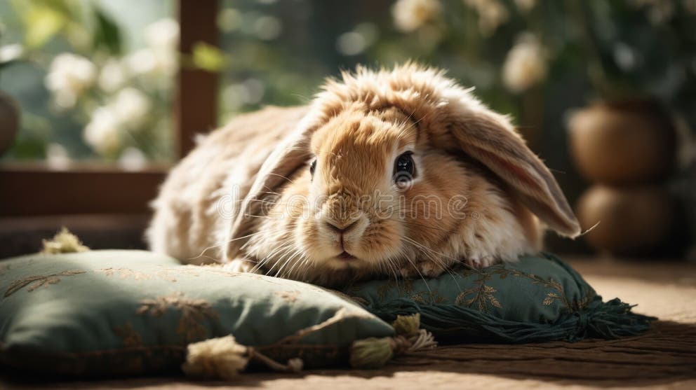 Adorable Fluffy Lop-Eared Bunny Resting on a Decorative Pillow Stock ...