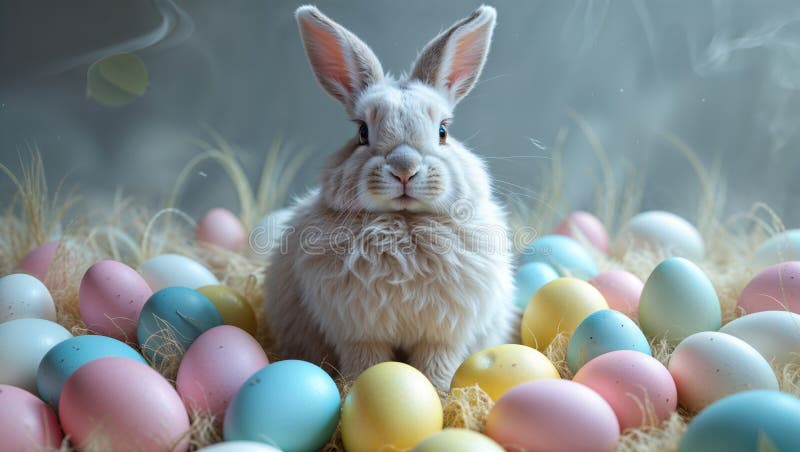 Fluffy Rabbit Sits Proudly Colorful Eggs Celebrating Springtime Joy ...