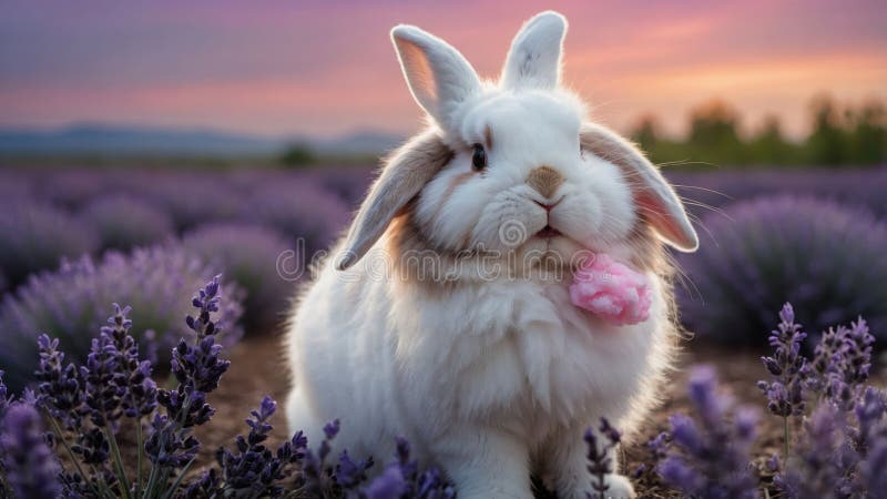 A Fluffy Rabbit Sits among Vibrant Lavender Flowers at Sunset, Creating ...