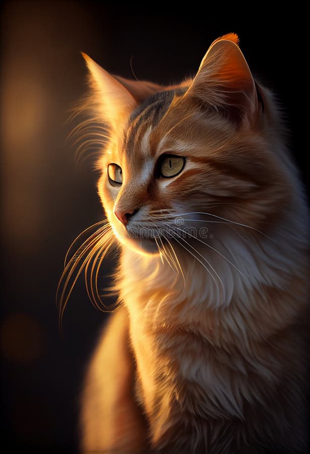 Fluffy Red Cat Looks into the Distance in the Rays of Golden Light. AI ...