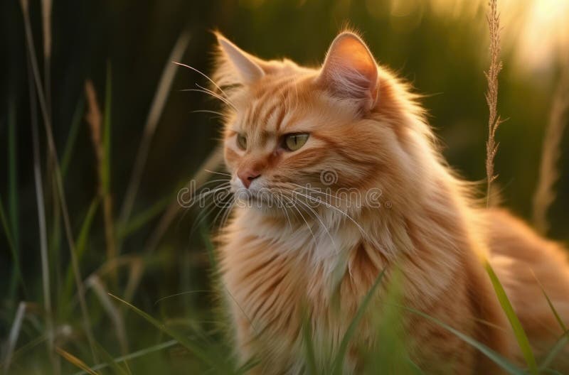 Fluffy Red Cat Sits in the Grass Outdoor. Stock Illustration ...