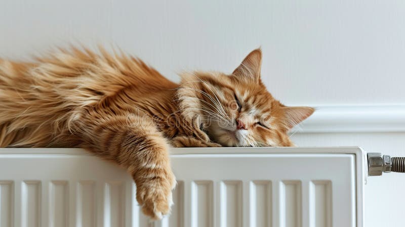 Fluffy Red Cat on Warm Radiator Against White Wall. Generative Ai Stock ...