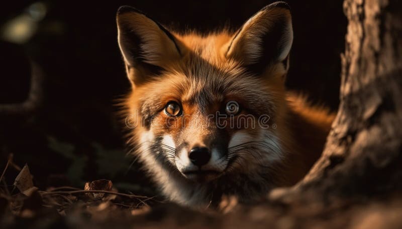 Fluffy Red Fox, Alert and Cute, Sitting in Winter Forest Generated by ...