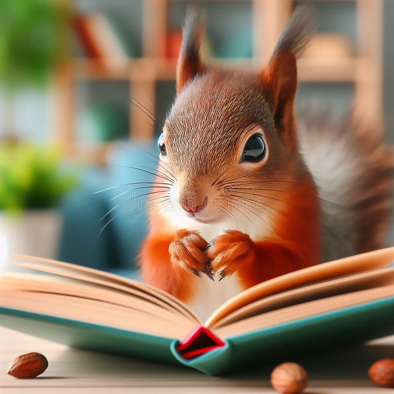 Squirrel Happily Sitting Reading Book Stock Illustration - Illustration ...