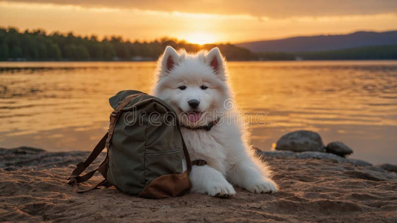 Adorable Samoyed Puppy at Sunset by the Lake with Backpack Stock ...