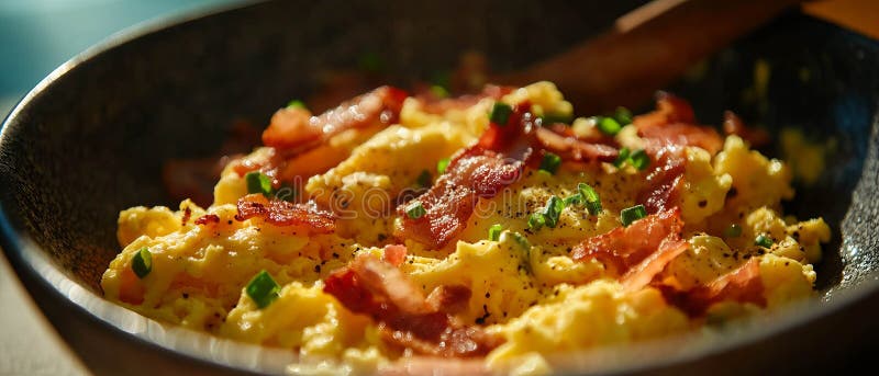 Fluffy Scrambled Eggs Topped with Crispy Bacon Bits on a Breakfast ...