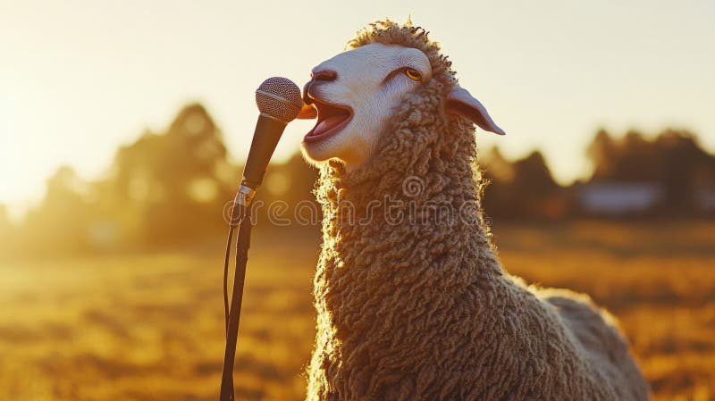 Fluffy Sheep Singing into Microphone at Sunset Stock Illustration ...