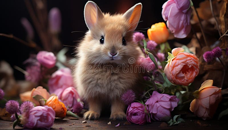 Fluffy, Small, Cute Rabbit Sitting on Grass, Surrounded by Flowers ...