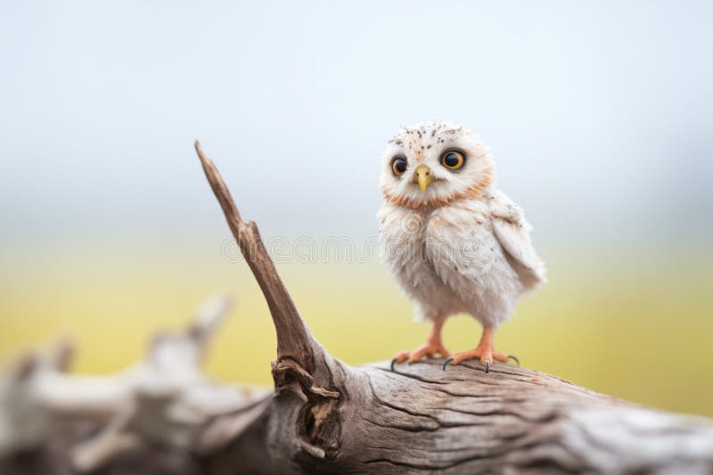 Fluffy Snowy Owl Chick Standing on a Low Branch Stock Image - Image of ...