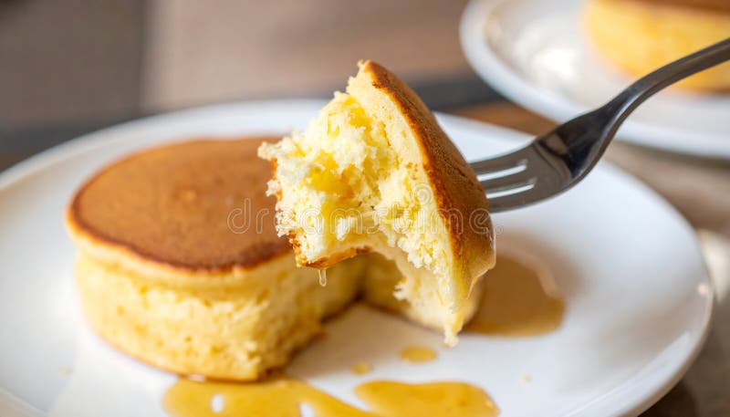 Fluffy Souffle Pancake Being Cut by a Fork, with Syrup Dripping Stock ...