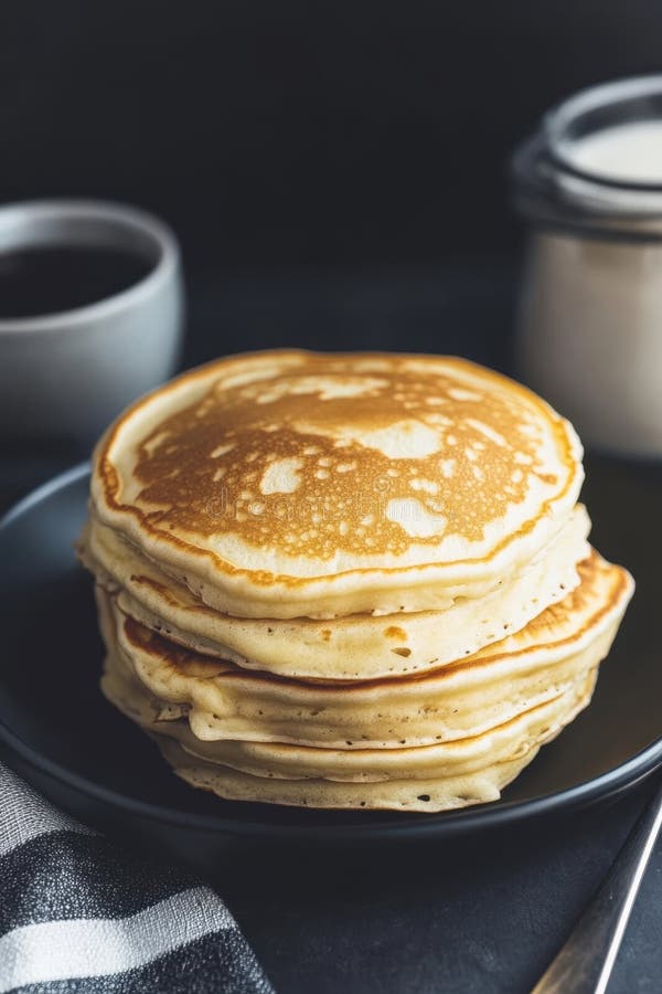 Fluffy Stack of Homemade Pancakes on Plate with Coffee and Milk Stock ...