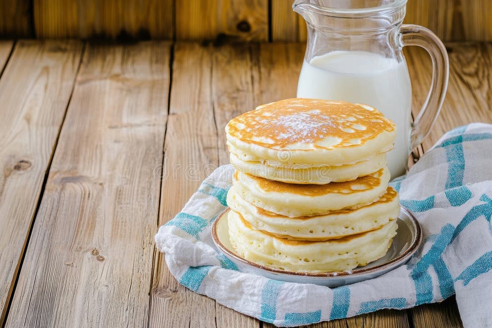 Fluffy Stack of Pancakes with Pitcher of Milk on Rustic Wooden Tabletop ...