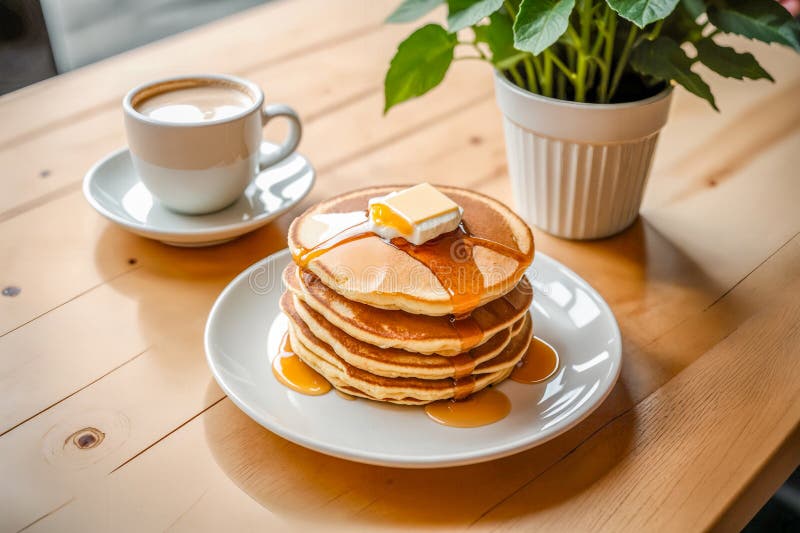 Fluffy Stack of Pancakes. Stylish Cafe Table. Maple Syrup and Butter on ...