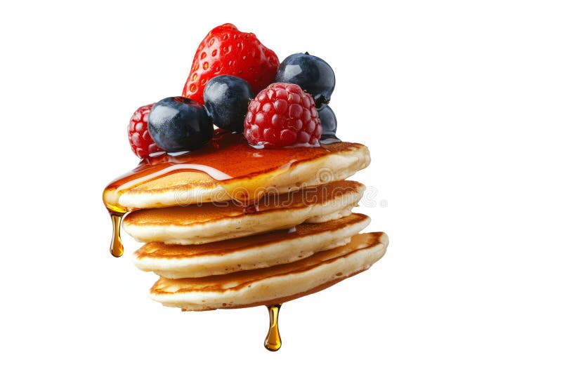 A Fluffy Stack of Pancakes Topped with Syrup and Berries, Floating in ...