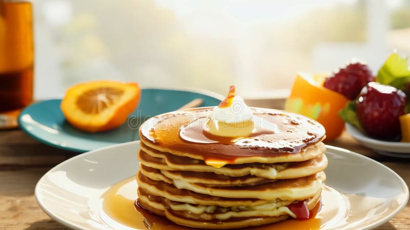 Fluffy Stack of Three Pancakes Served with Syrup and Fruit at a Cozy ...