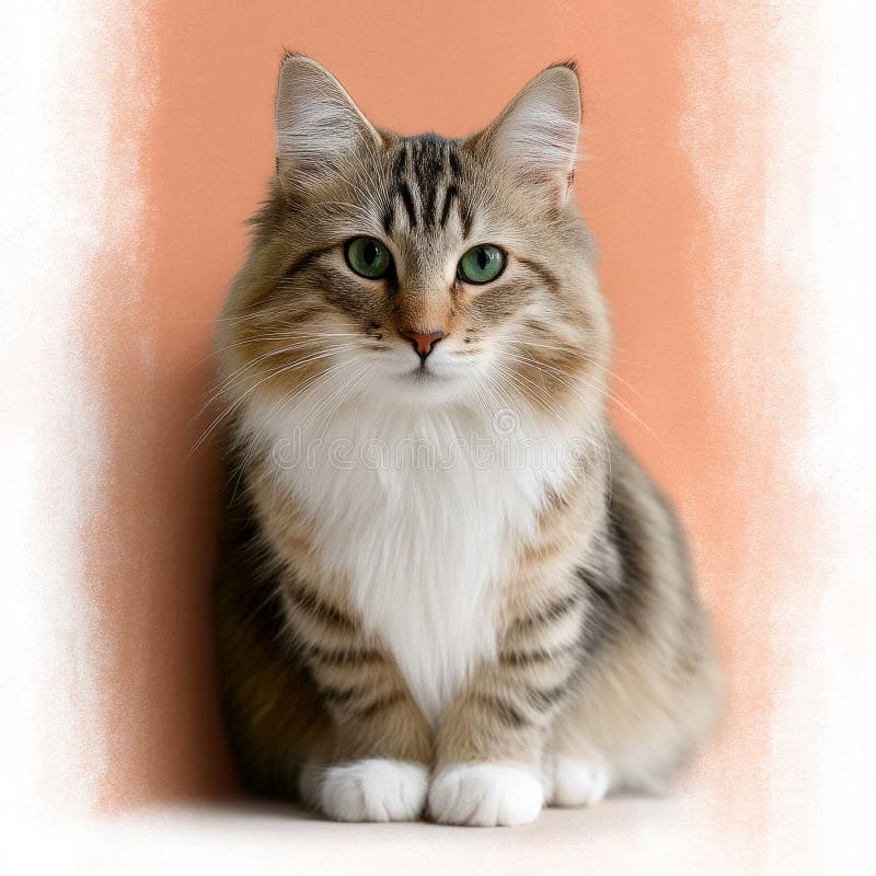 Fluffy Tabby Cat with Green Eyes on an Orange Background. Stock Photo ...