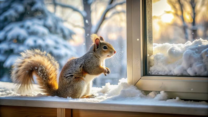 A Fluffy-tailed Squirrel Sits on a Snowy Windowsill, Basking in the ...