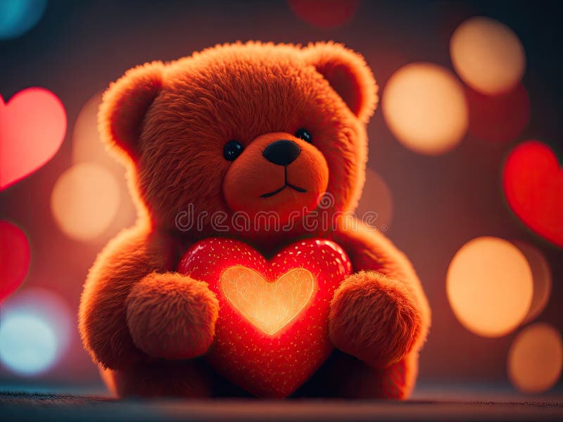 Fluffy Teddy Bear Holds a Red Heart in Its Hands. Ai Generative Stock ...