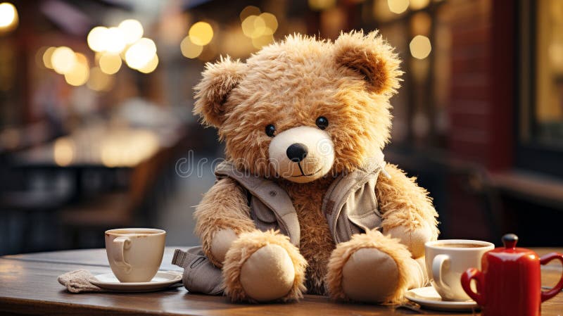 Fluffy Teddy Bear Sitting on Table a Cute Childhood Friend Stock Photo ...