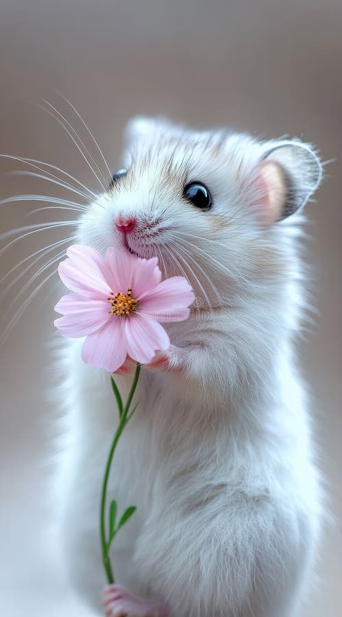 A Fluffy Tiny White Hamster Holds a Delicate Pink Flower. Spring ...