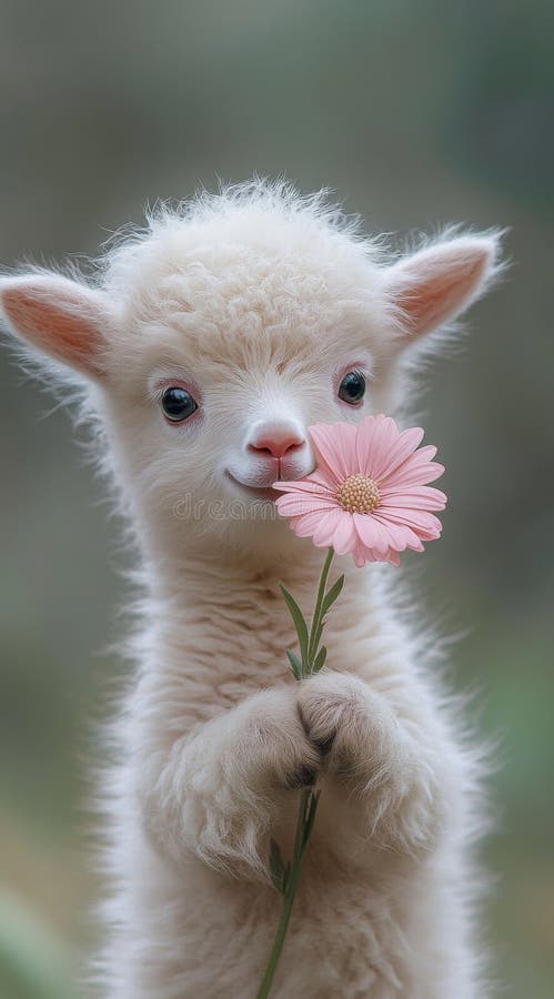A Fluffy Tiny White Lamb Holds a Pink Flower in Its Paws. Spring, New ...