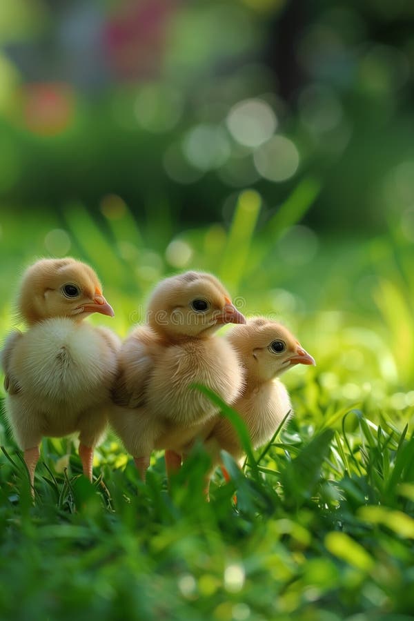 Fluffy Trio of Chicks Standing Side by Side in Lush Green Grass Bathed ...