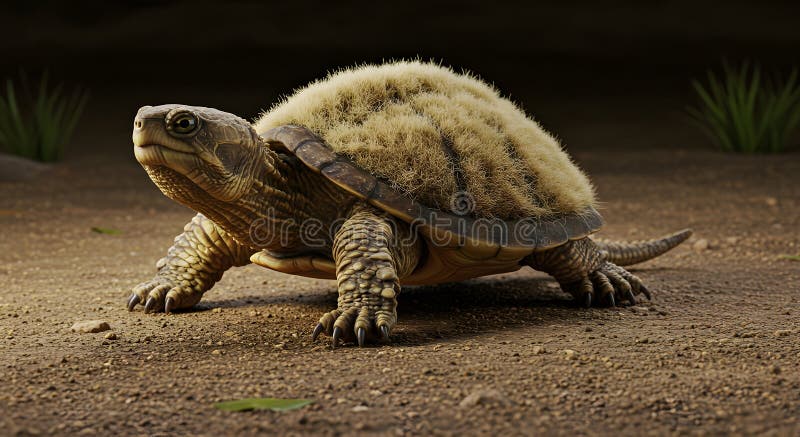 A Fluffy Turtle Walking on Brown Ground a 3D Rendered Image of a Unique ...