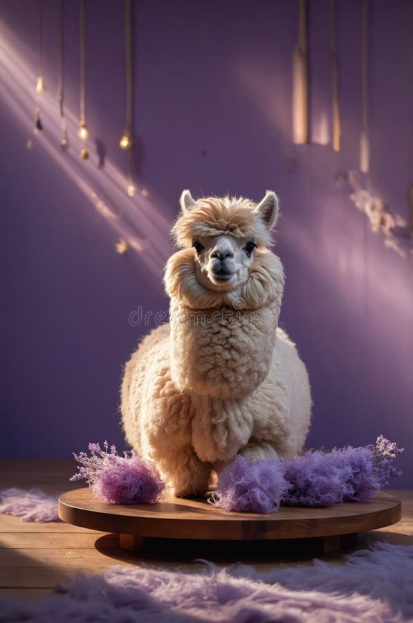 Adorable Alpaca Posing on Wooden Platform with Lavender Decor, Purple ...