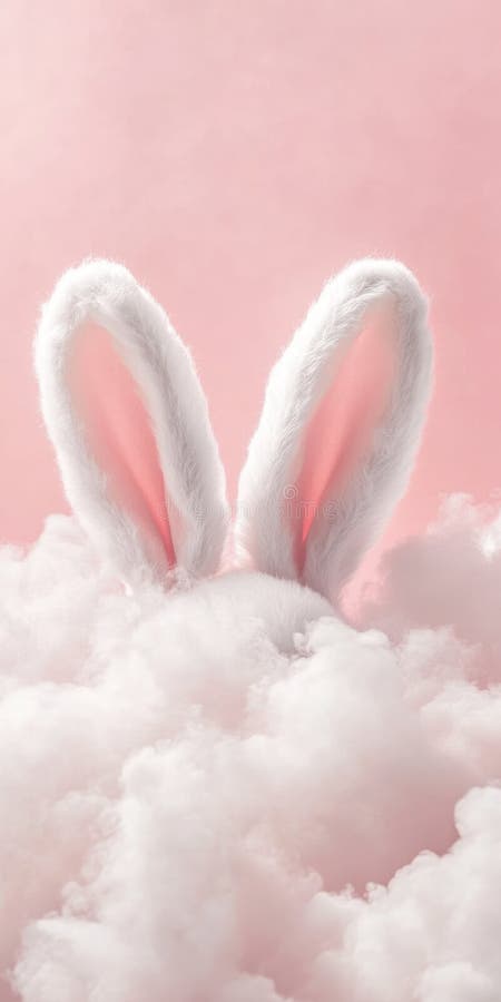 Fluffy White Bunny Ears in Soft Pink Cloudscape Stock Illustration ...