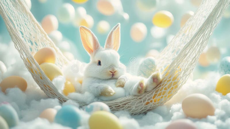 Fluffy White Bunny Relaxing in a Pastel Easter Egg Hammock Stock ...
