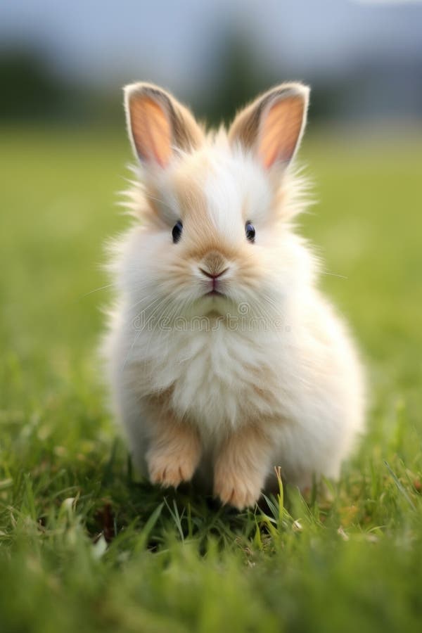 A Fluffy White Bunny Sitting on a Bed of Green Grass, Stock ...