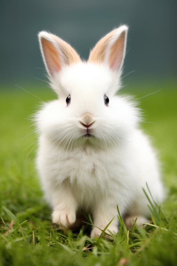 A Fluffy White Bunny Sitting on a Bed of Green Grass, Stock ...