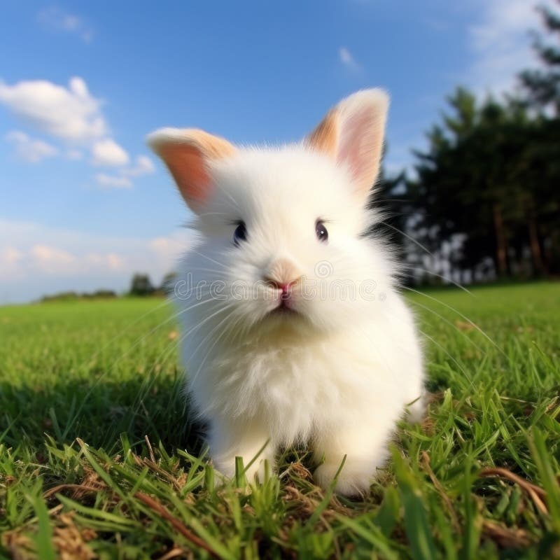 A Fluffy White Bunny Sitting on a Bed of Green Grass, Stock ...