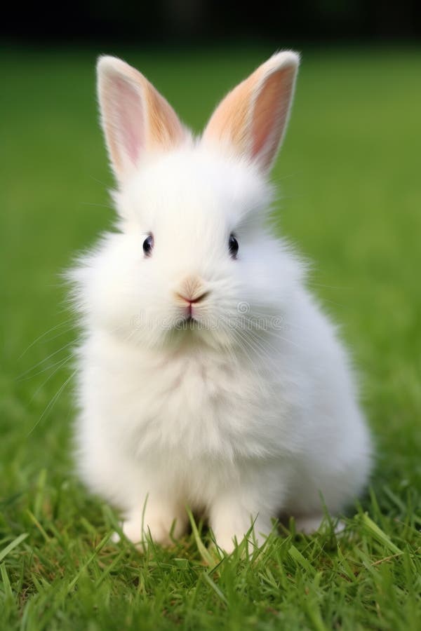 A Fluffy White Bunny Sitting on a Bed of Green Grass, Stock ...