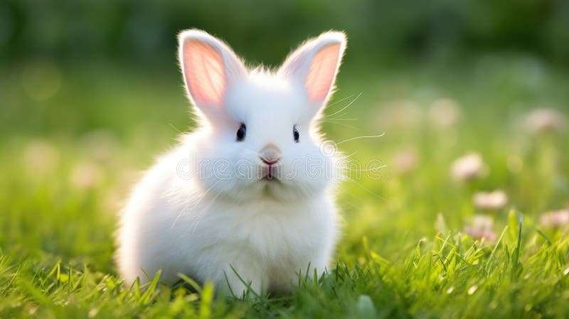 A Fluffy White Bunny Sitting on a Bed of Green Grass, Stock ...