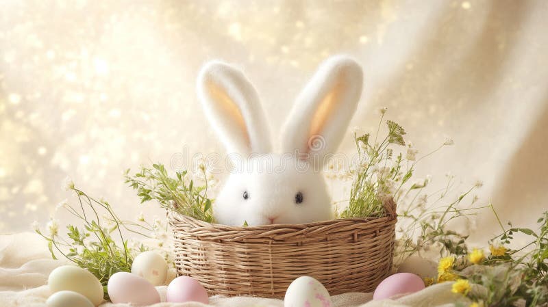 Fluffy White Bunny in Wicker Basket Surrounded by Pastel Easter Eggs ...