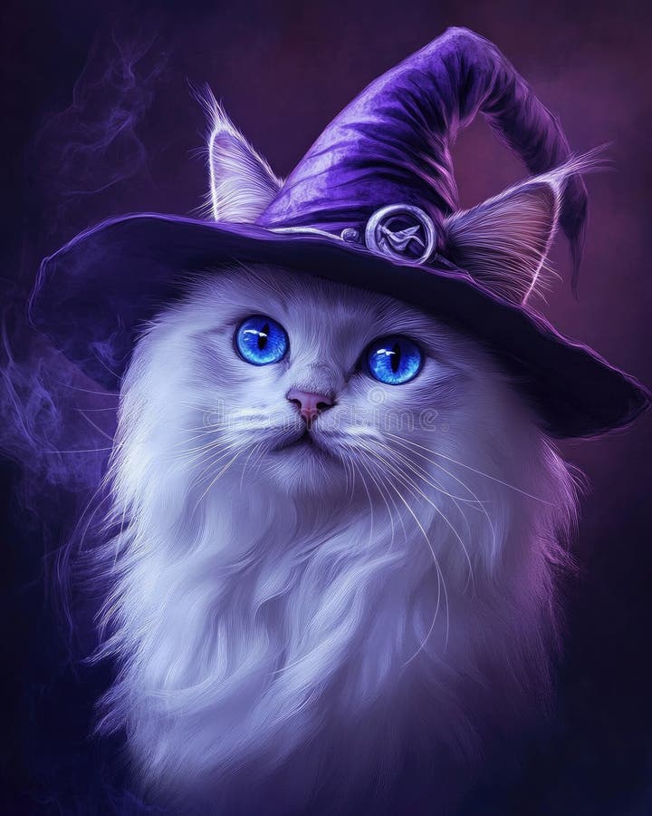 A Fluffy White Cat with Bright Blue Eyes, Wearing a Neat Witch Hat ...