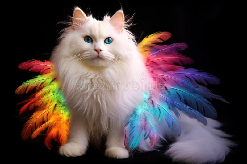 A Fluffy White Cat with Bright Feathers on Its Back Stock Photo - Image ...