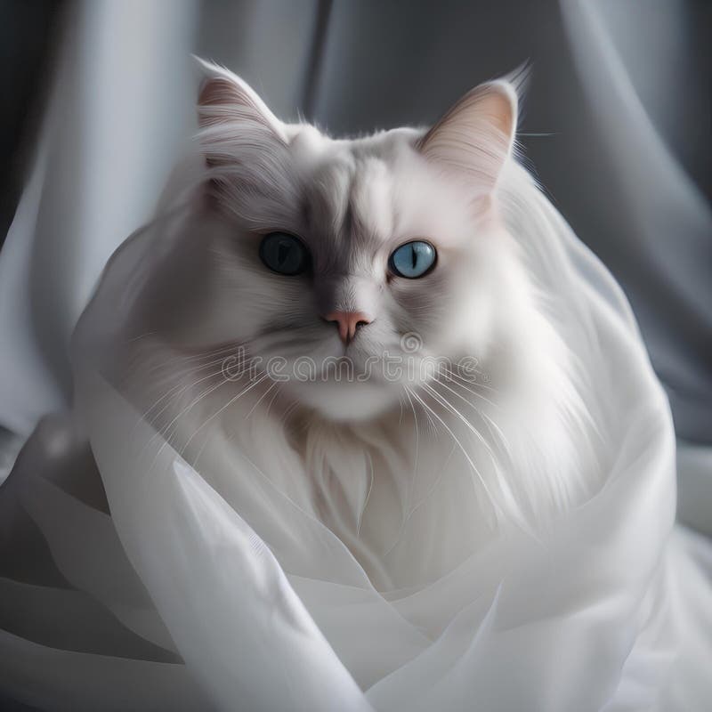 A Fluffy White Cat Dressed As a Spooky Ghost with a Flowing Sheet ...