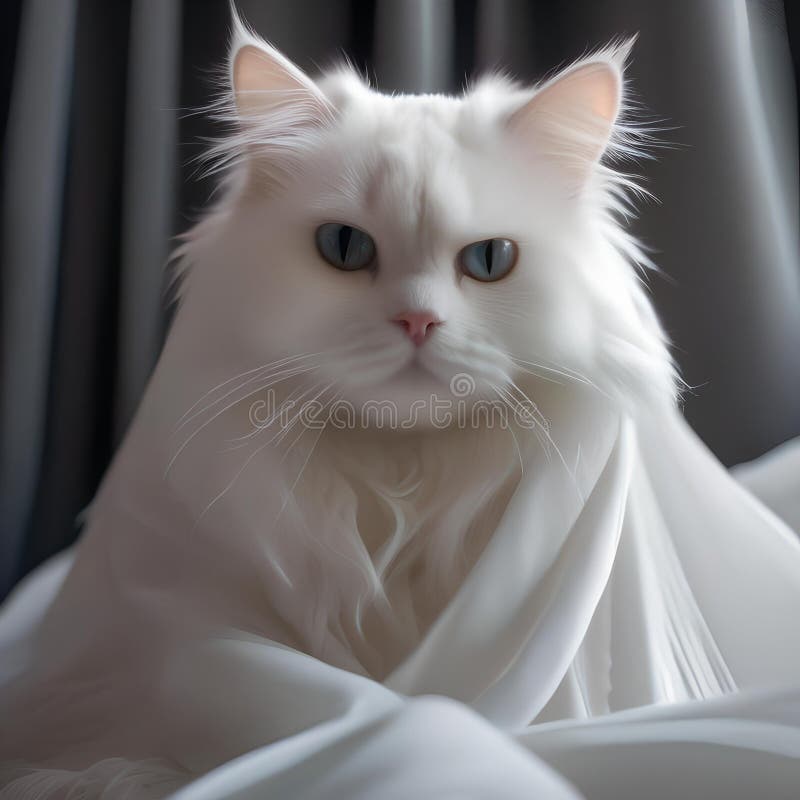 A Fluffy White Cat Dressed As a Spooky Ghost with a Flowing Sheet ...