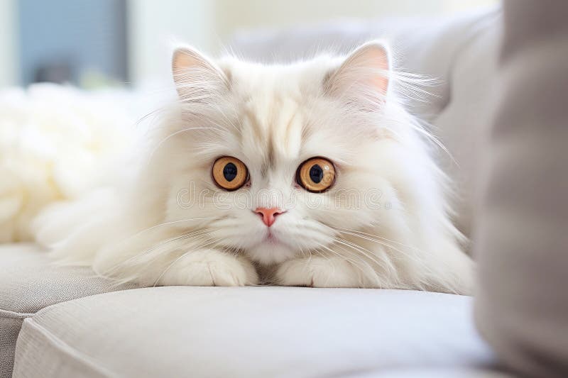 Fluffy White Cat Finds Comfort on the Living Room Sofa Stock ...